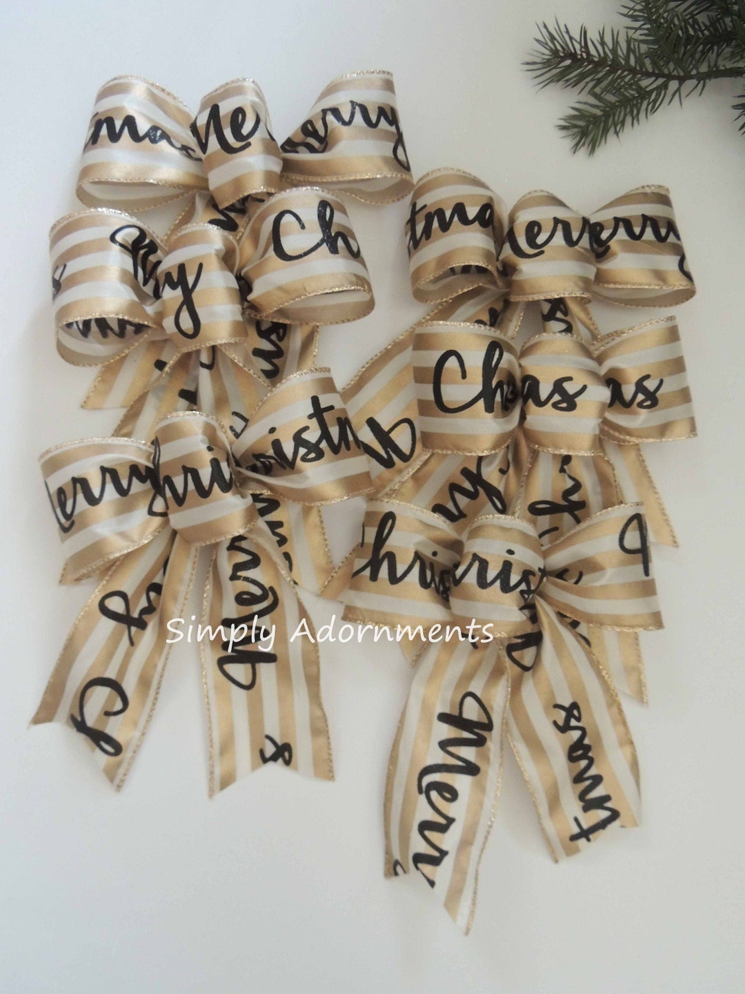 Set of Six Black Gold Christmas Bows, Black Gold Scripts Christmas Bows ...