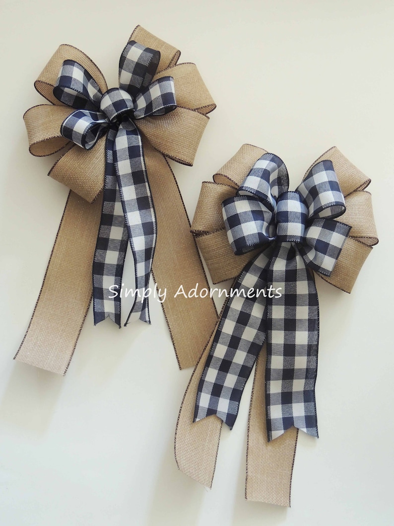 Farmhouse Style Navy Buffalo Plaid Check Bow Faux Burlap Navy - Etsy