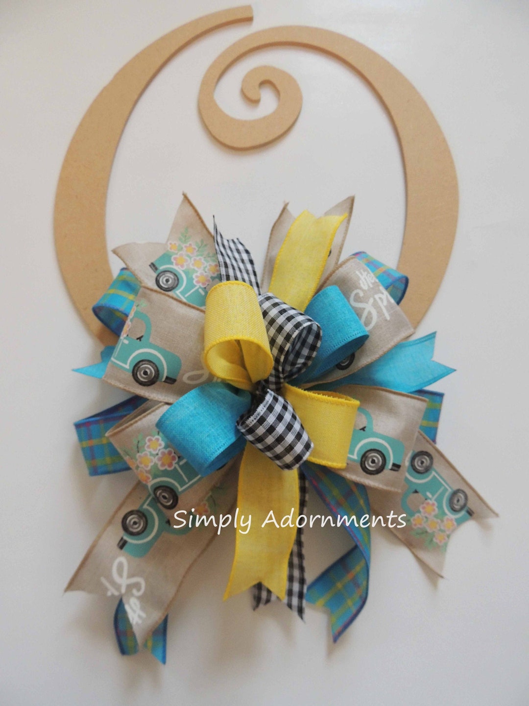 Vintage Flowers Farmhouse Truck Bow, Rustic Spring Farmhouse Bow, Teal ...