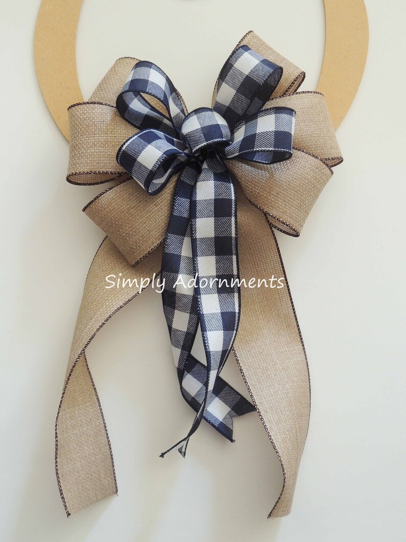 Farmhouse Style Navy Buffalo Plaid Check Bow Faux Burlap Navy - Etsy