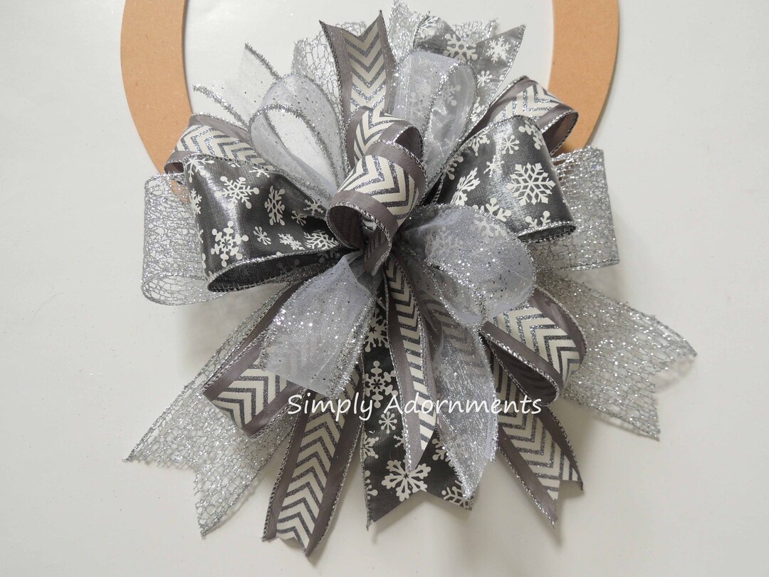 Grey Silver Christmas Bow, Glitter Silver Christmas Tree Bow, Gray ...