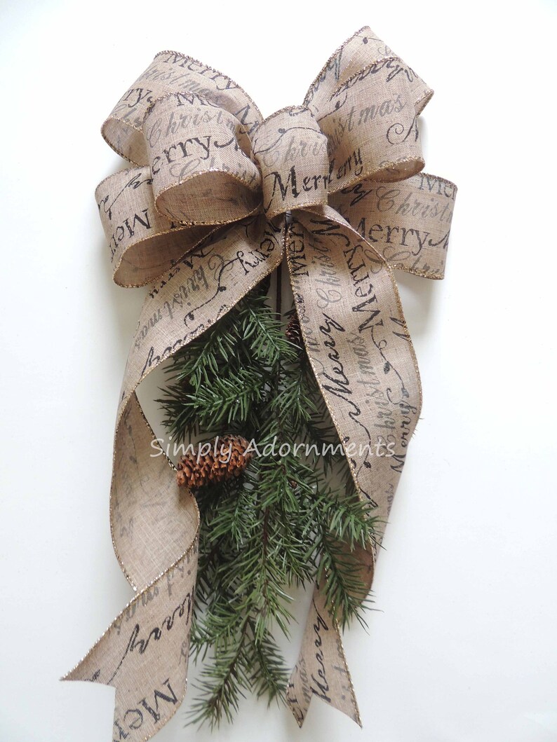 Rustic Burlap Farmhouse Christmas Bow, Christmas Holidays Script Burlap ...