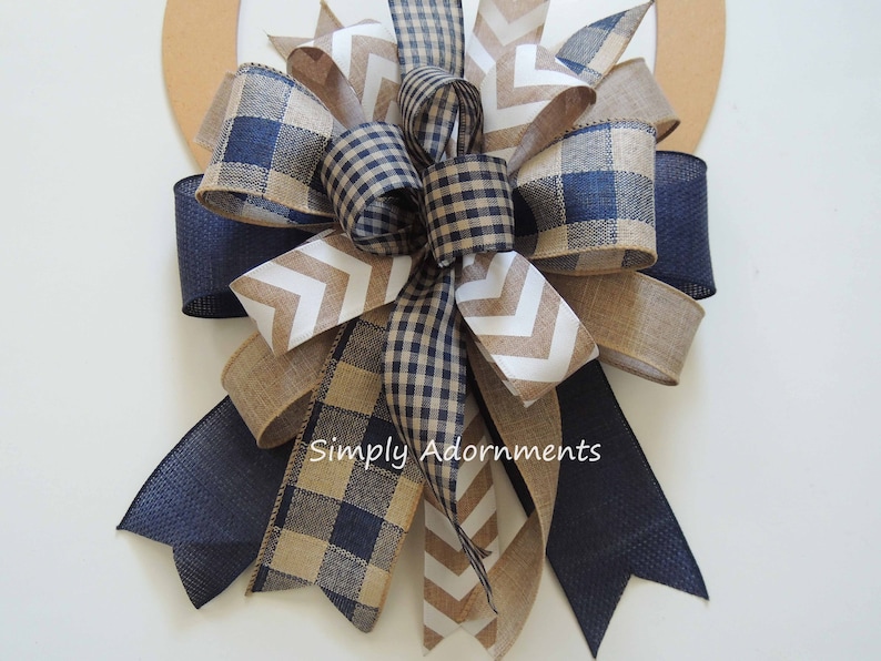 Navy Tan Farmhouse Bow, Navy Farmhouse Bow, Rustic Navy Tan Wreath Bow ...