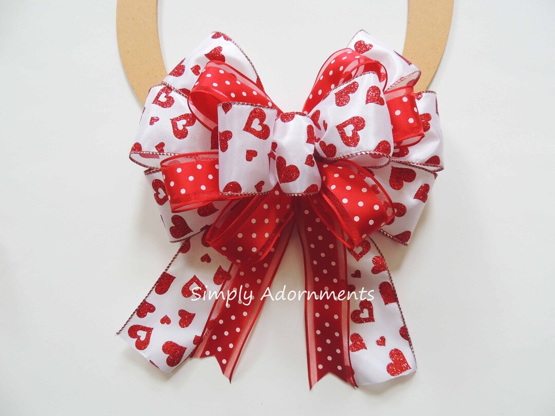 Valentine Red Heart Bow, Red Heart Wreath Bow, Glitter Red Heart ...