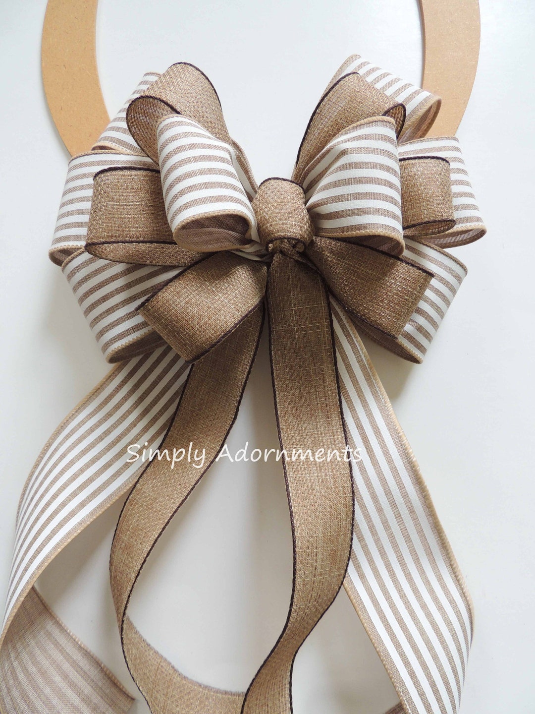 Farmhouse Striped Bow, Farmhouse Style Bow, Beige Striped Wreath Bow ...