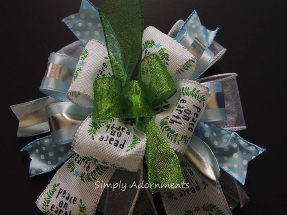 Blue Green Christmas Bow, Peace on Earth Bow, Peace on Earth Christmas ...