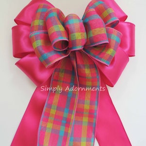 Lime Pink Spring Plaid Bow, Green Spring Wreath Bow, Plaid Wedding ...