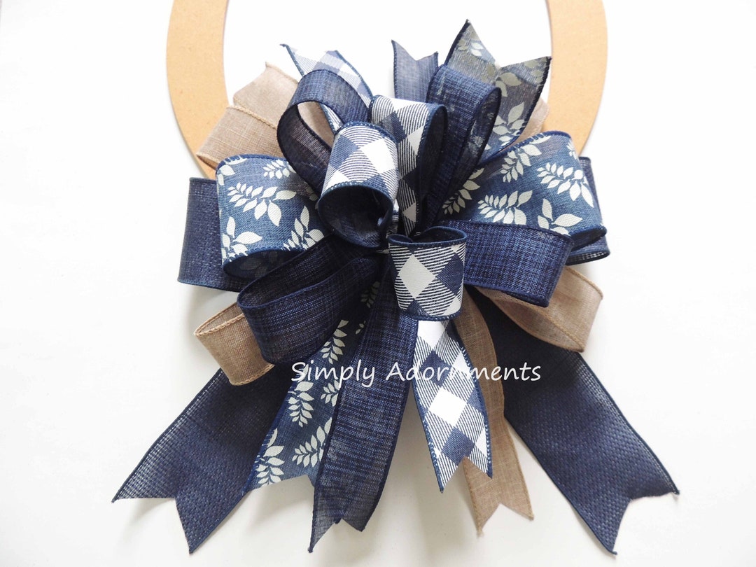 Navy Tan Farmhouse Bow, Navy Farmhouse Bow, Rustic Navy Tan Wreath Bow ...