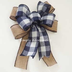 Farmhouse Navy Buffalo Check Gift Bow, Burlap Navy Check Door Bow ...