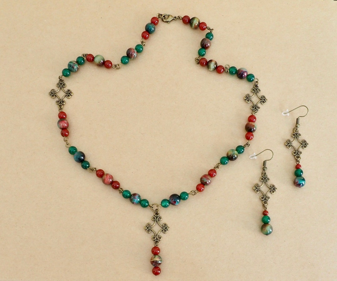 Multi Gemstone Statement Necklace and Earring Set Agate, Carnelian, Parrot Tiger Eye Link ...