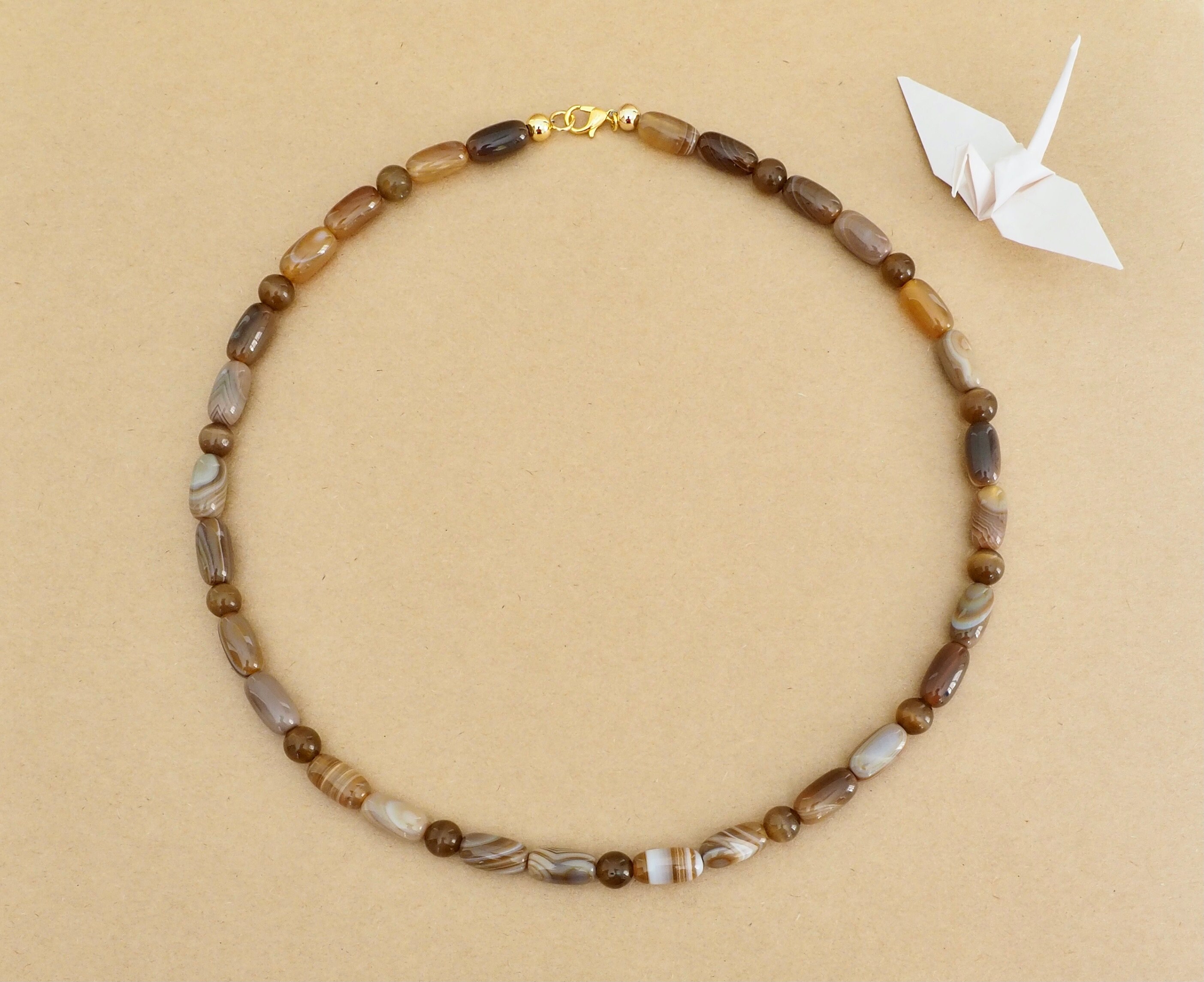 Mens Agate and Cats Eye Necklace Mens Gemstone Beaded Necklace Brown ...