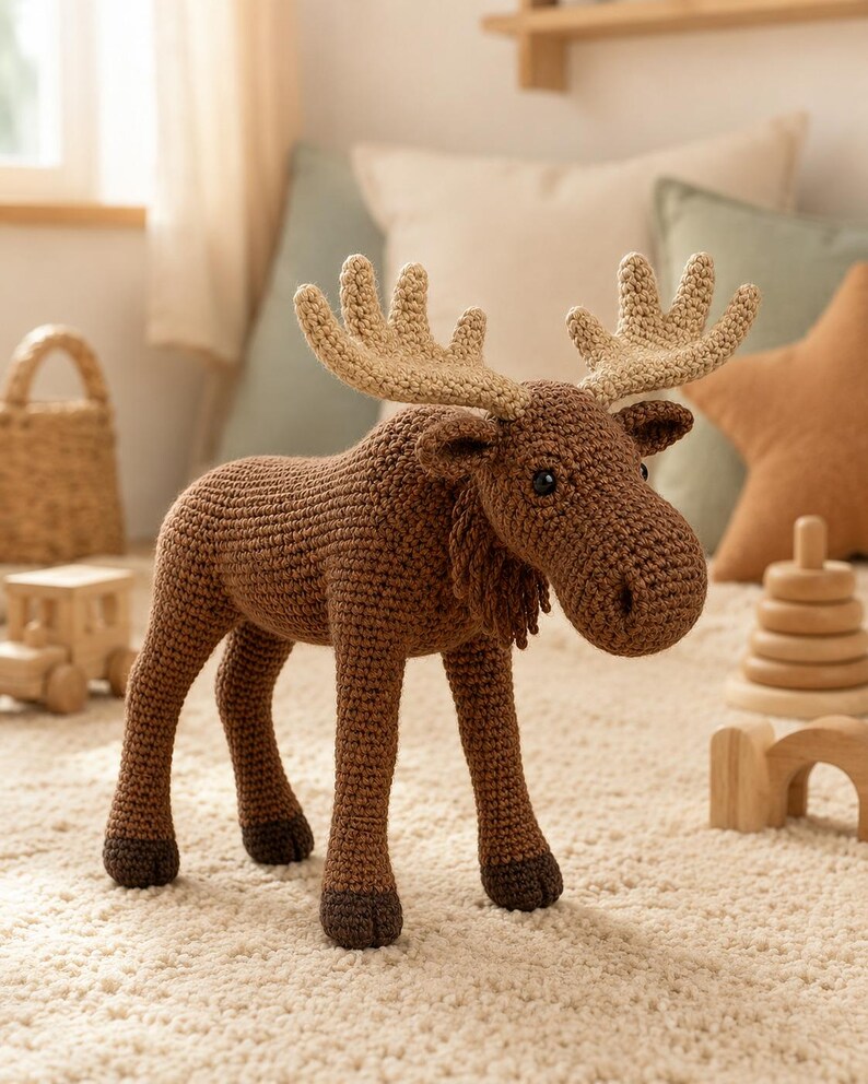 Crochet Moose Plush, Handmade Amigurumi Moose Toy, Woodland Stuffed ...