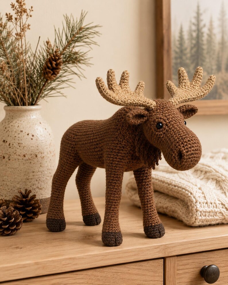 Crochet Moose Plush, Handmade Amigurumi Moose Toy, Woodland Stuffed ...
