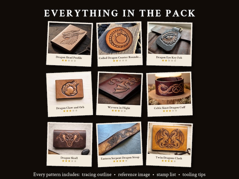 Dragon Leather Tooling Patterns - 9 Mythical Dragon Designs for Wallets ...