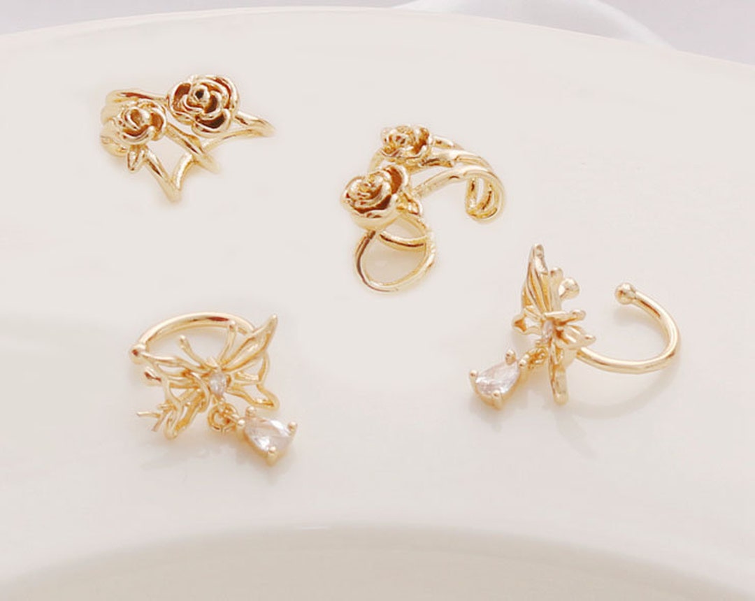 Butterfly Ear Cuff , Rose Flower Ear Cuff , 14K Gold Plated Non-pierced ...