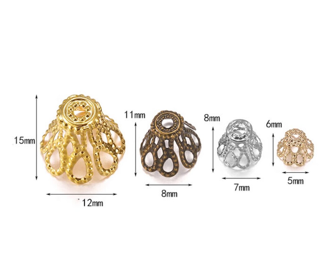 50pcs Filigree Flower Bead Caps: Gold, Silver, Bronze Jewelry Supplies ...