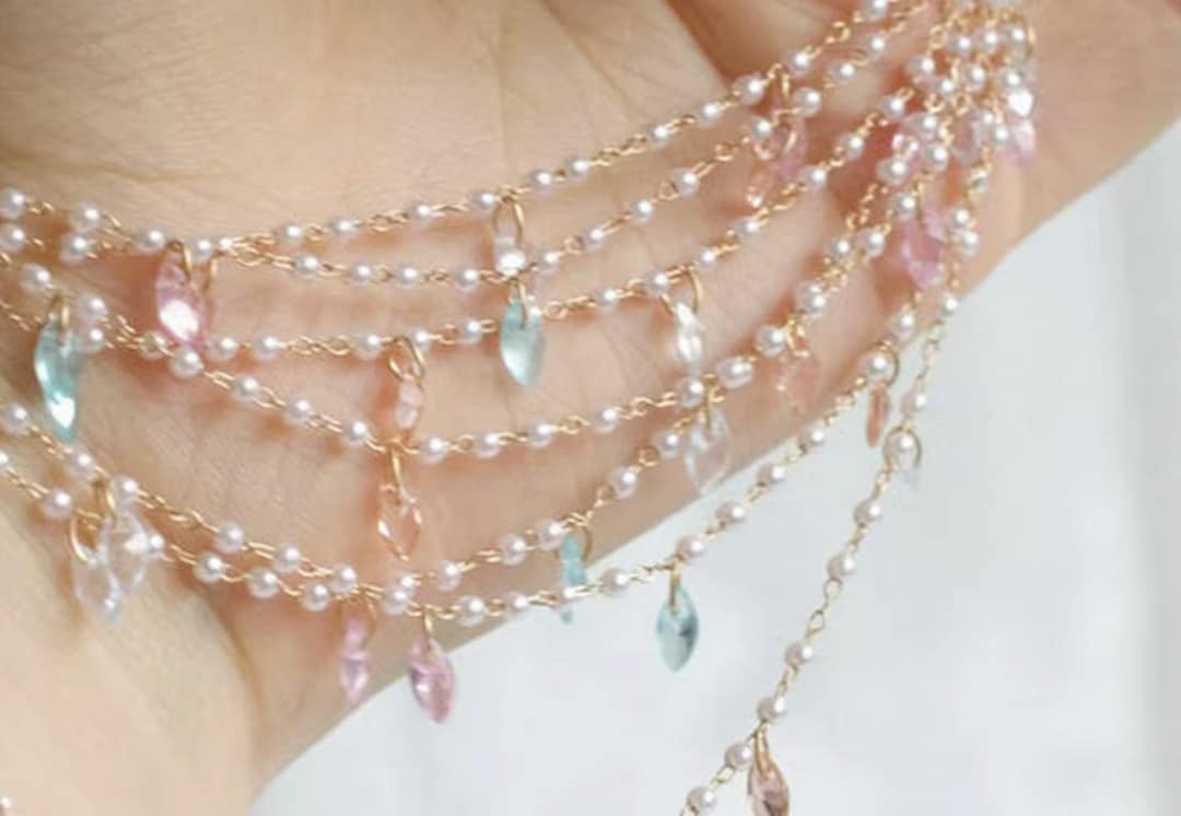 Gemstone Beaded Chain - Wire Wrapped Chain - Beaded Chain - Blue Bead ...