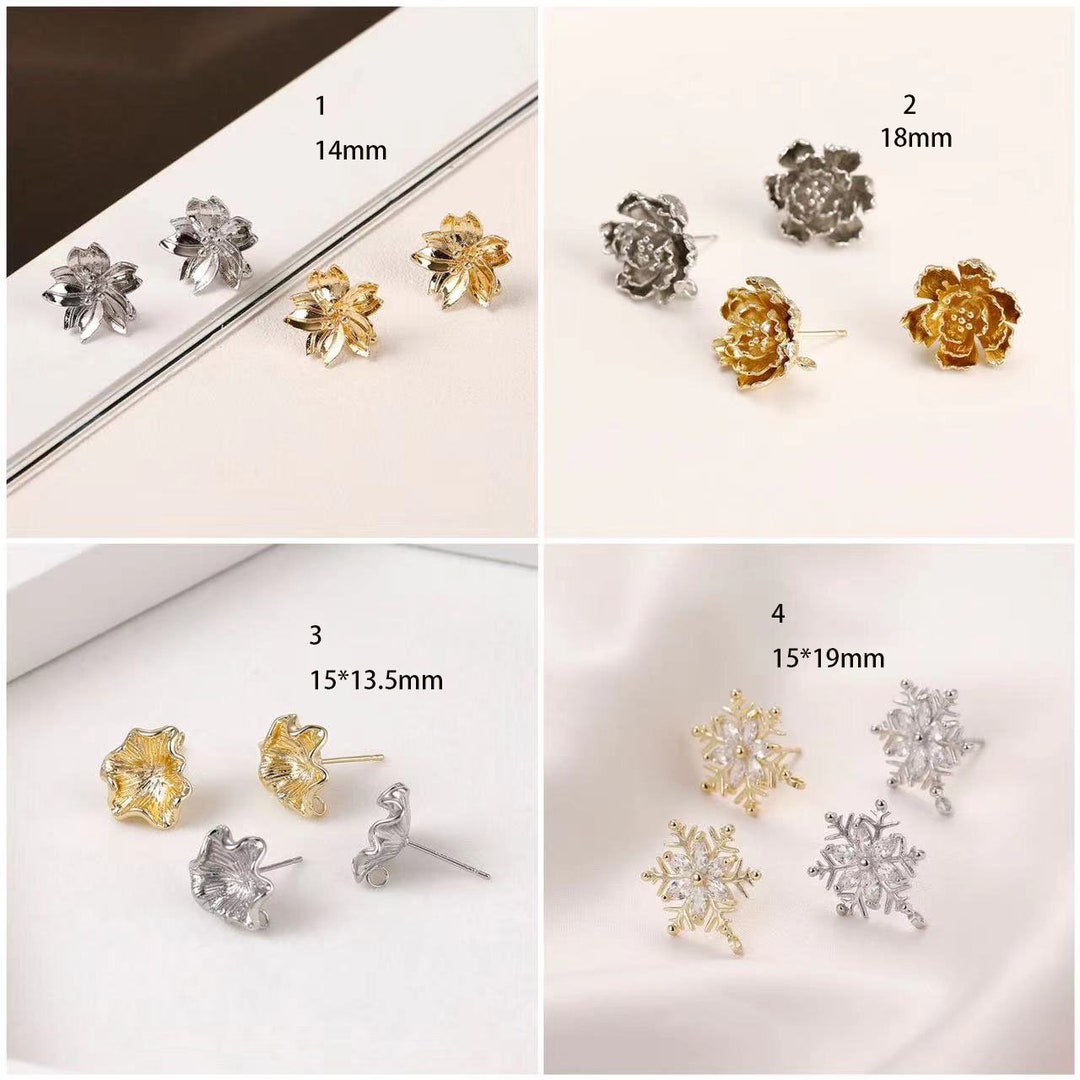 14k Gold Pated Brass Flower Earrings Studs Flower Ear Post Silver ...