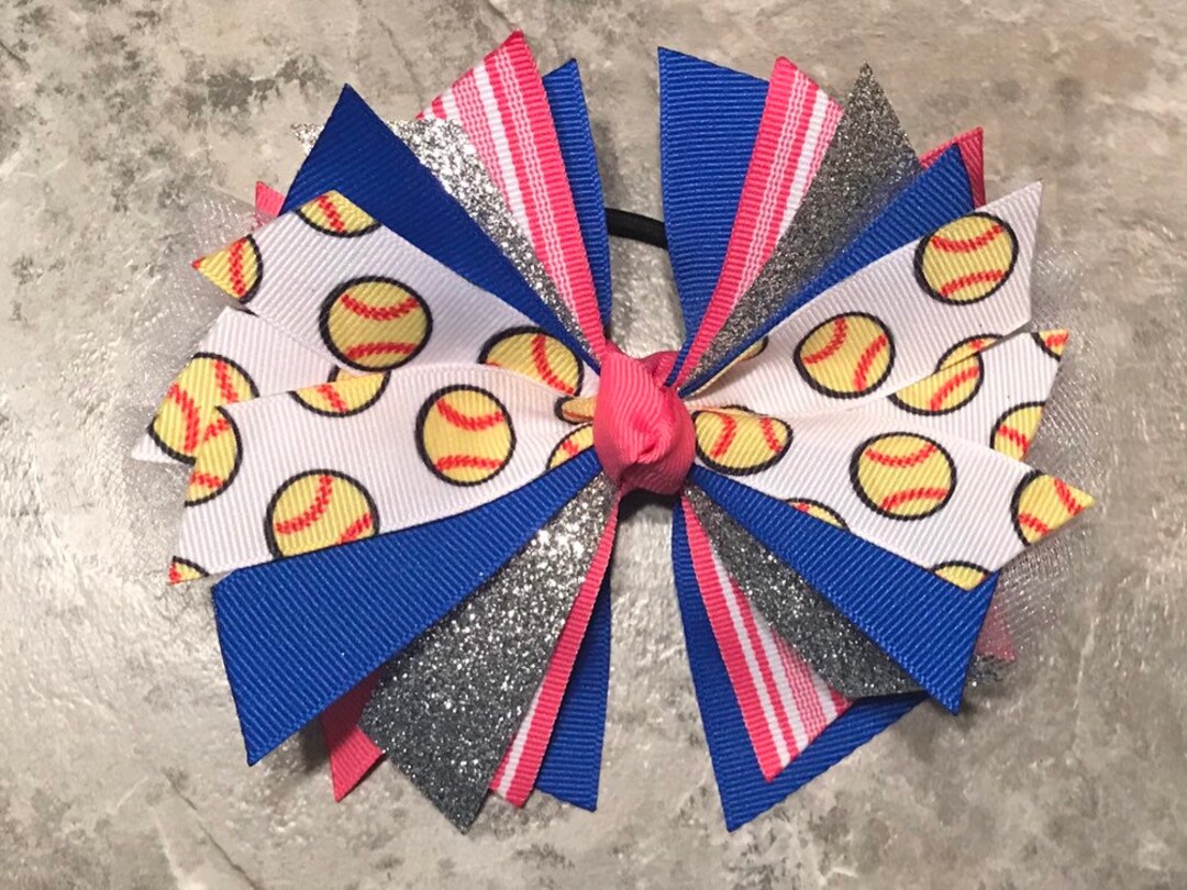 Pink and Blue Softball Bow - Softball Ponytail - Softball Pony Tie ...