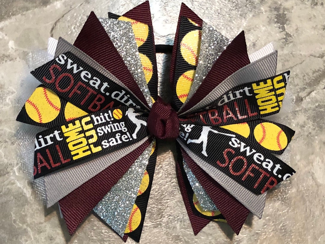 Softball Bow - Softball Hair Bow - Softball Pony Ribbon - Softball Hair ...