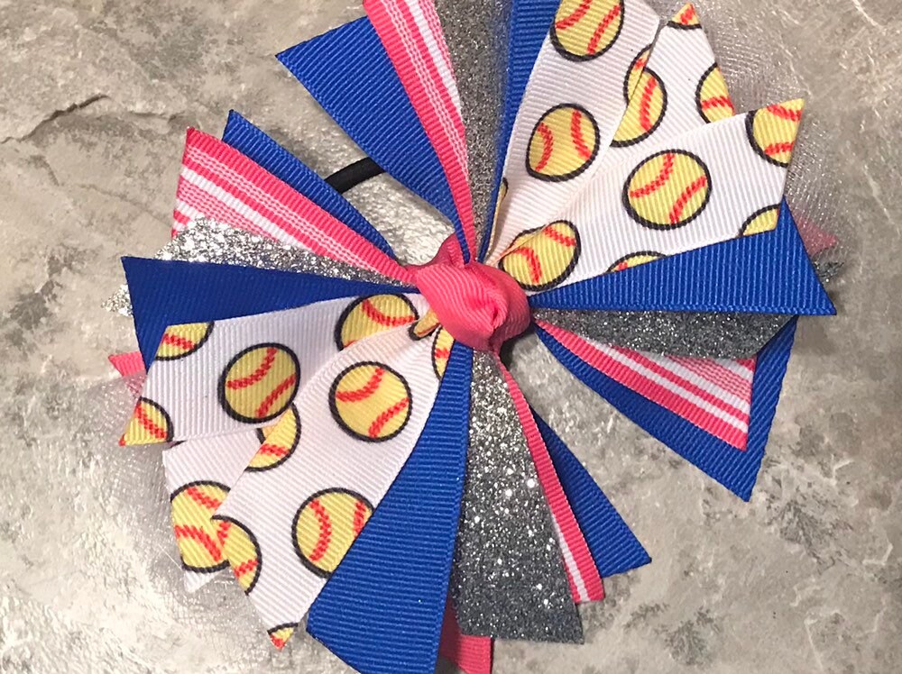 Pink and Blue Softball bow softball ponytail softball pony | Etsy