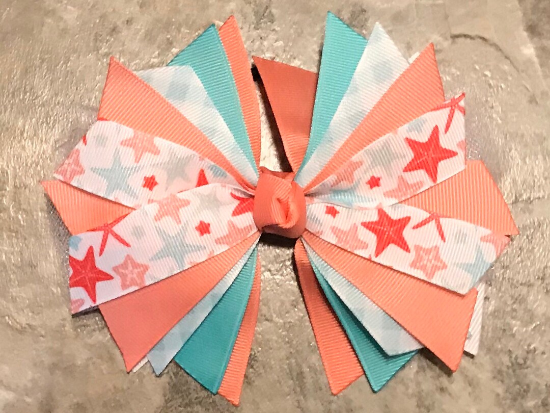 Coral Beach Hair Bow, Beach Ribbon, Beach Pony Tie, Seashell Hair Bow ...