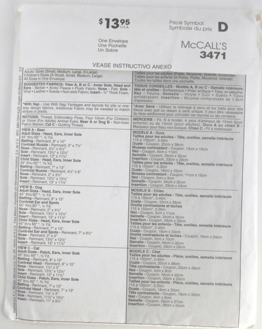 Pattern Mccalls Craft Number 3471 Adults and Children Slippers Sewing ...