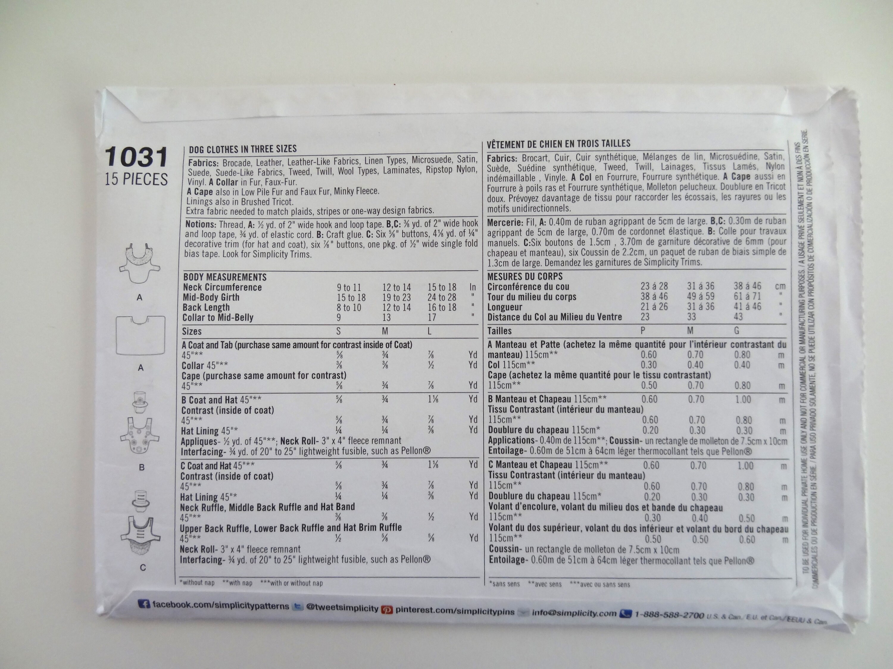 Costumes Patterns for Dogs Halloween Simplicity 1031 Small Medium Large ...