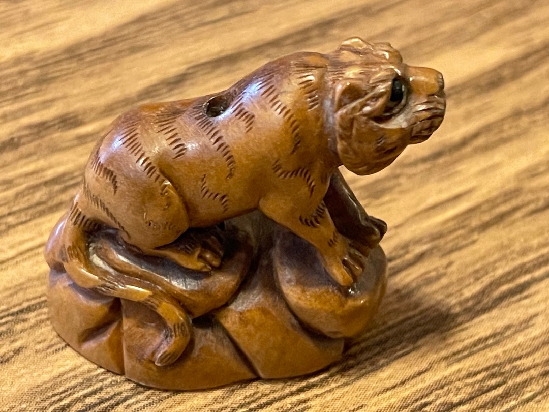Carved Wood Tiger on a Pile of Rocks Netsuke. - Etsy