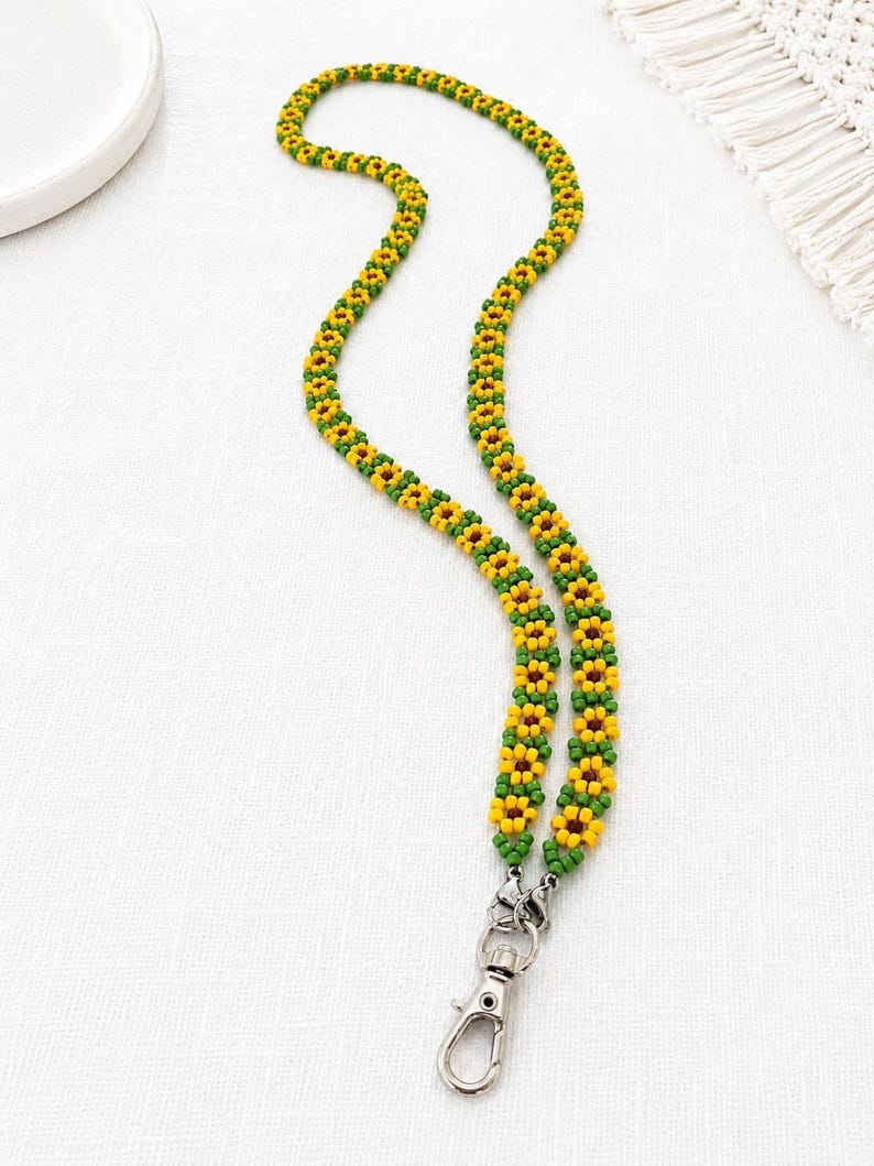 Sunflower Daisy Chain Beaded Lanyard, Floral ID Badge Holder, Name Tag ...