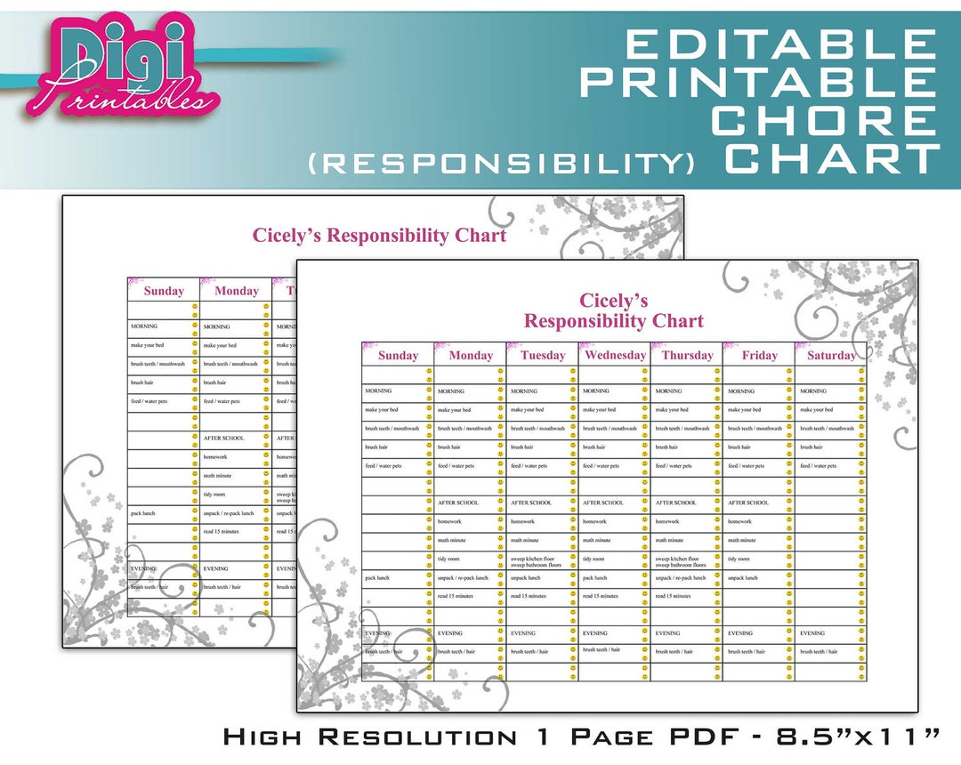 Editable / Printable Chore Chart Responsibility Chart - 8.5"x11" PDF ...