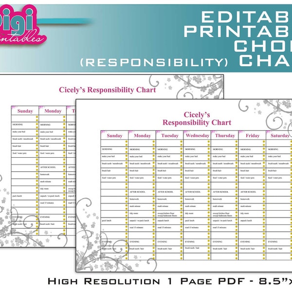 Editable / Printable Chore Chart Responsibility Chart 8.5x11 PDF ...