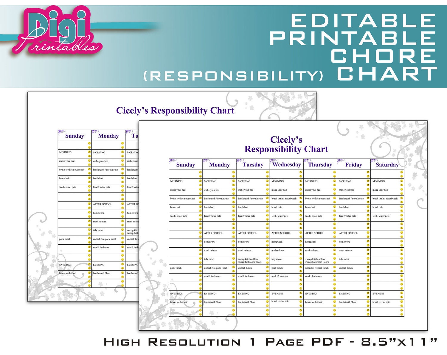 Editable / Printable Chore Chart Responsibility Chart - 8.5"x11" PDF ...