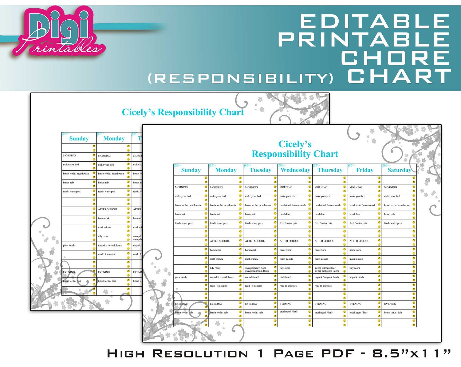 Editable / Printable Chore Chart Responsibility Chart 8.5x11 PDF ...