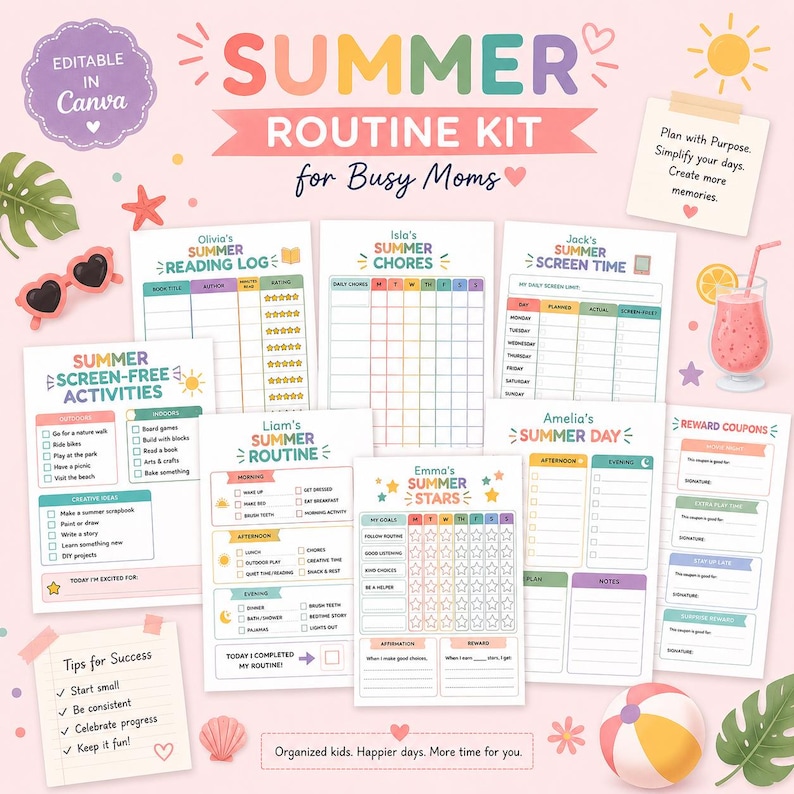 Summer Planner 2026 Printable, Editable Summer Routine Kit for Kids ...