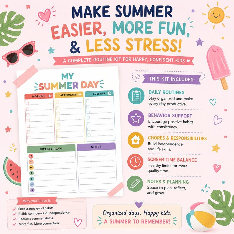 Summer Planner 2026 Printable, Editable Summer Routine Kit for Kids ...