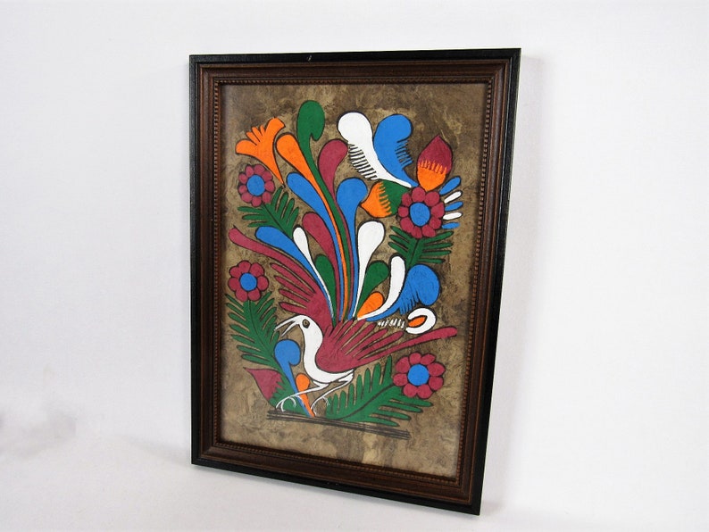 Amate Bark Painting of Bird Vintage Mexican Folk Art Vibrant Bohemian ...