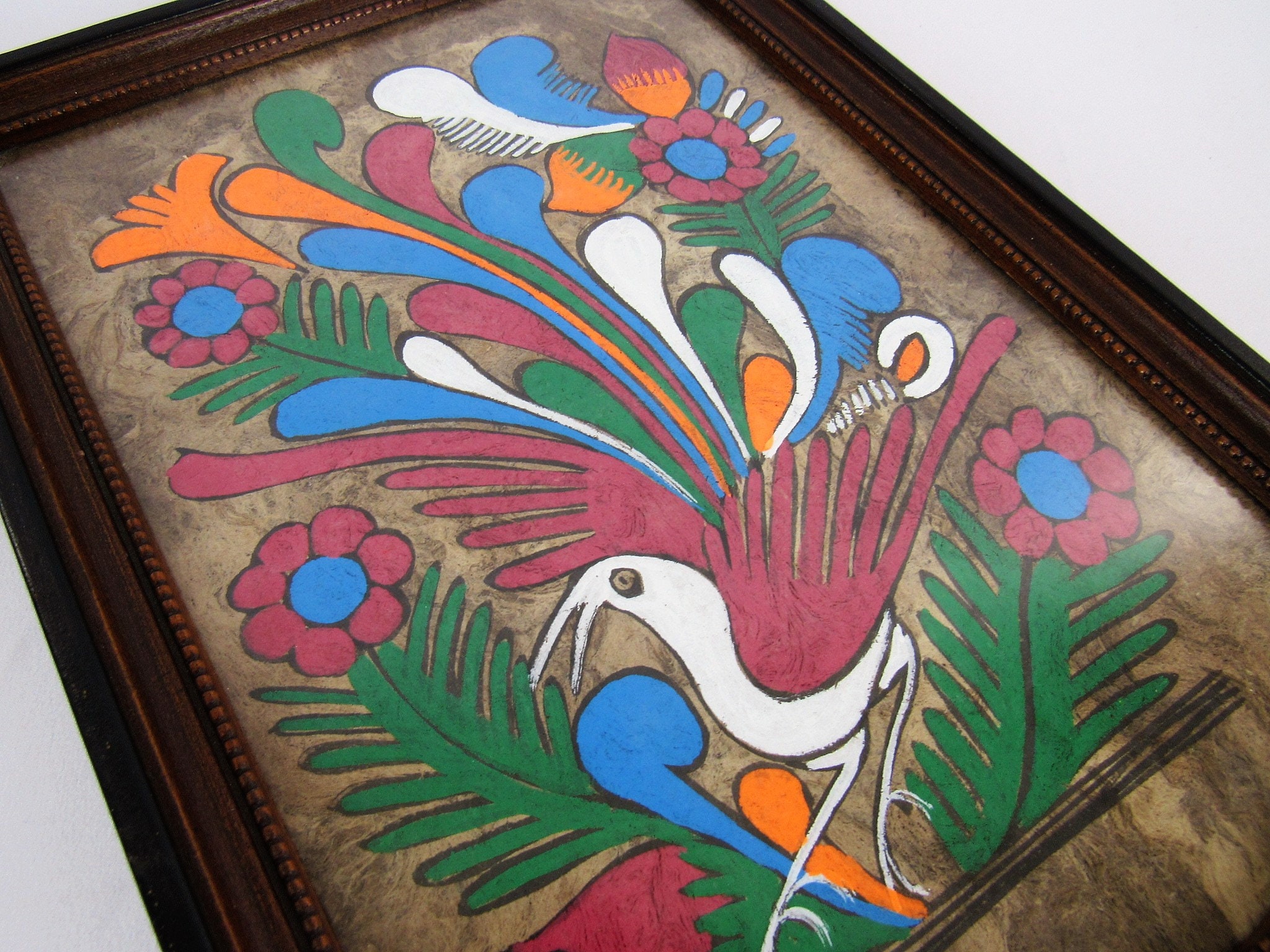 Amate Bark Painting of Bird Vintage Mexican Folk Art Vibrant Bohemian ...
