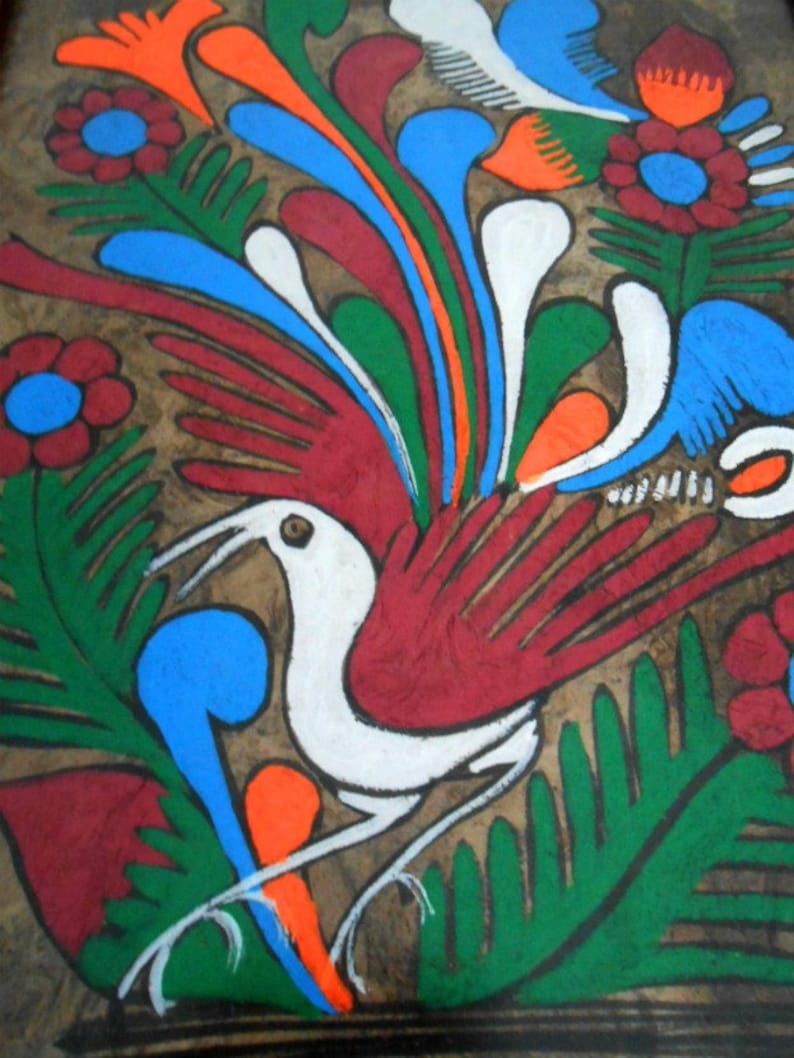 Amate Bark Painting of Bird Vintage Mexican Folk Art Vibrant Bohemian ...