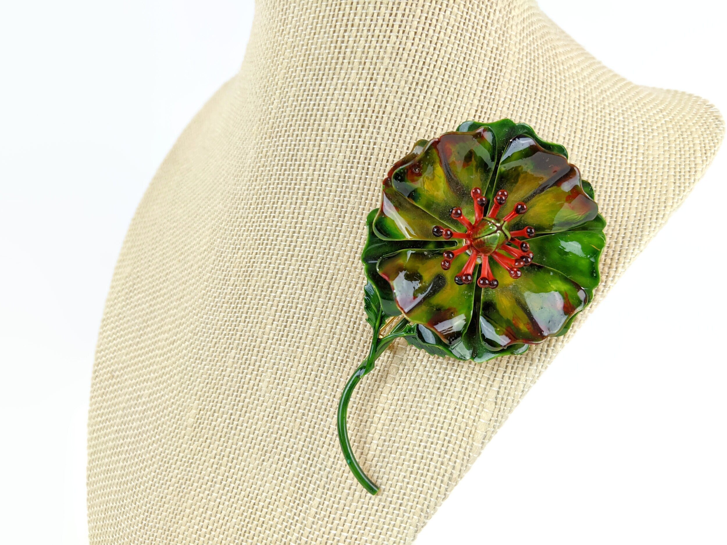 Original by Robert Enamel Flower Brooch Olive Green Brown Coral Large ...