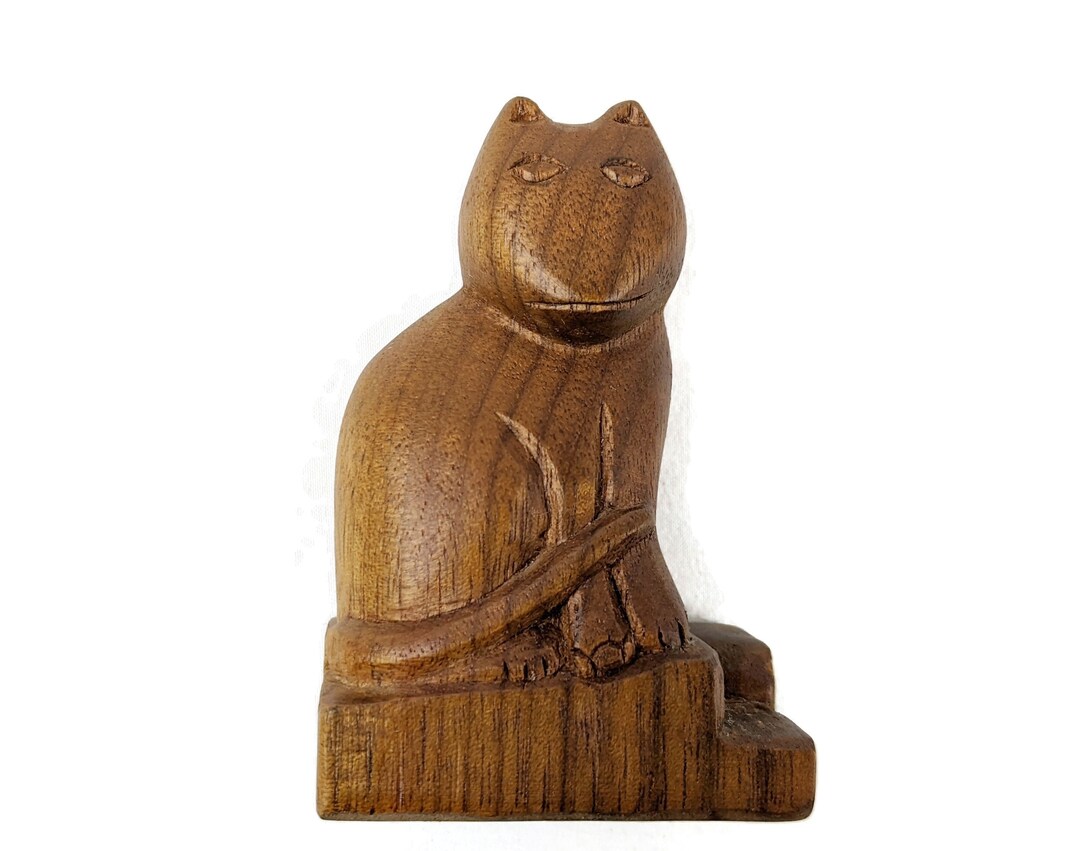 Carved Folk Art Wooden Cat Signed Small Whimsical Folkart Cat Figurine ...
