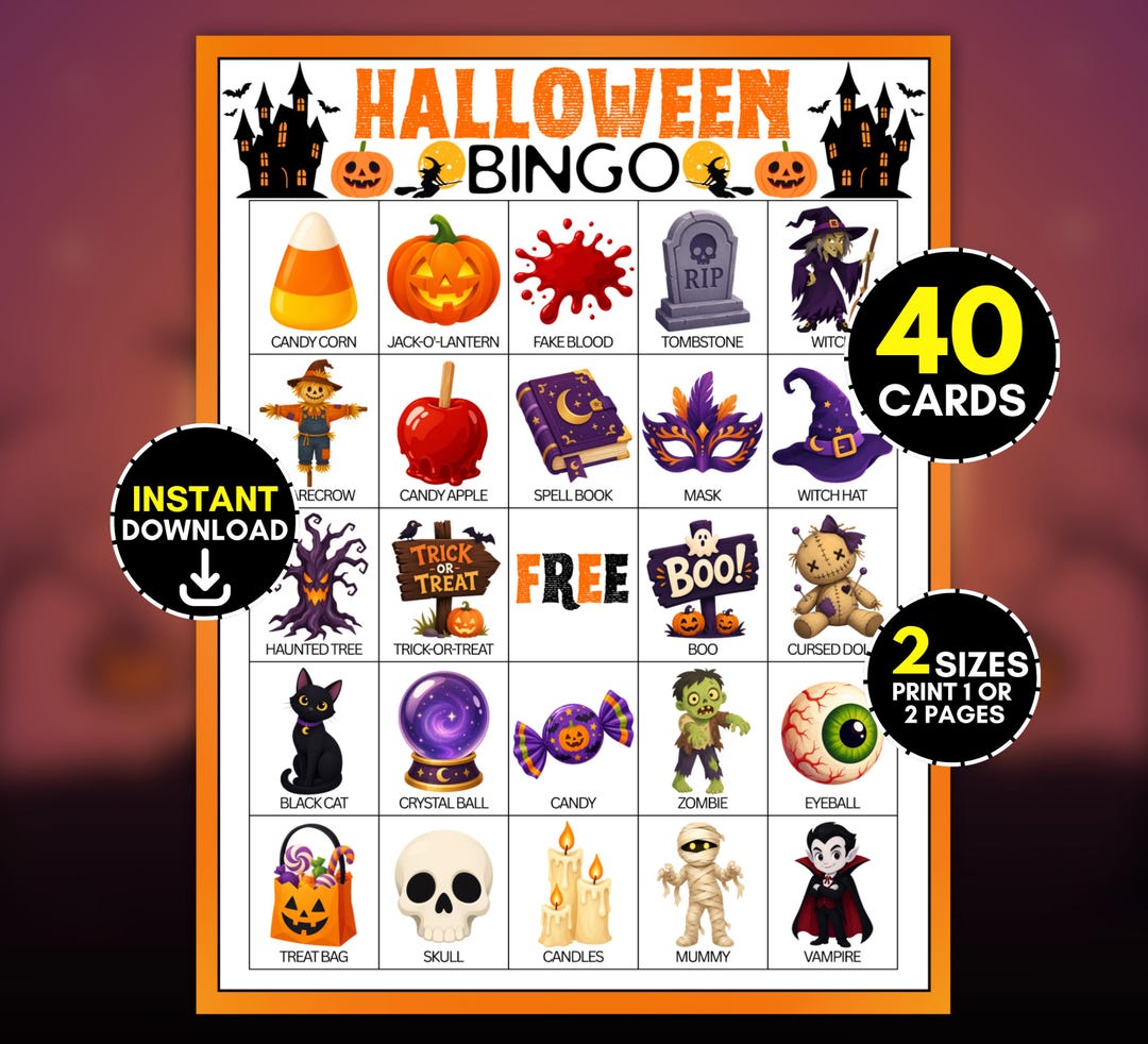 Printable Halloween Bingo 40 Cards, Spooky Party Game for Kids Toddler ...