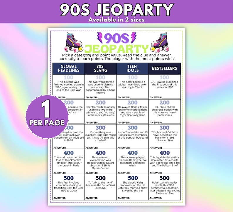 90s Jeoparty Game, 1990s Throwback Party Trivia, Retro Pop Culture Quiz ...