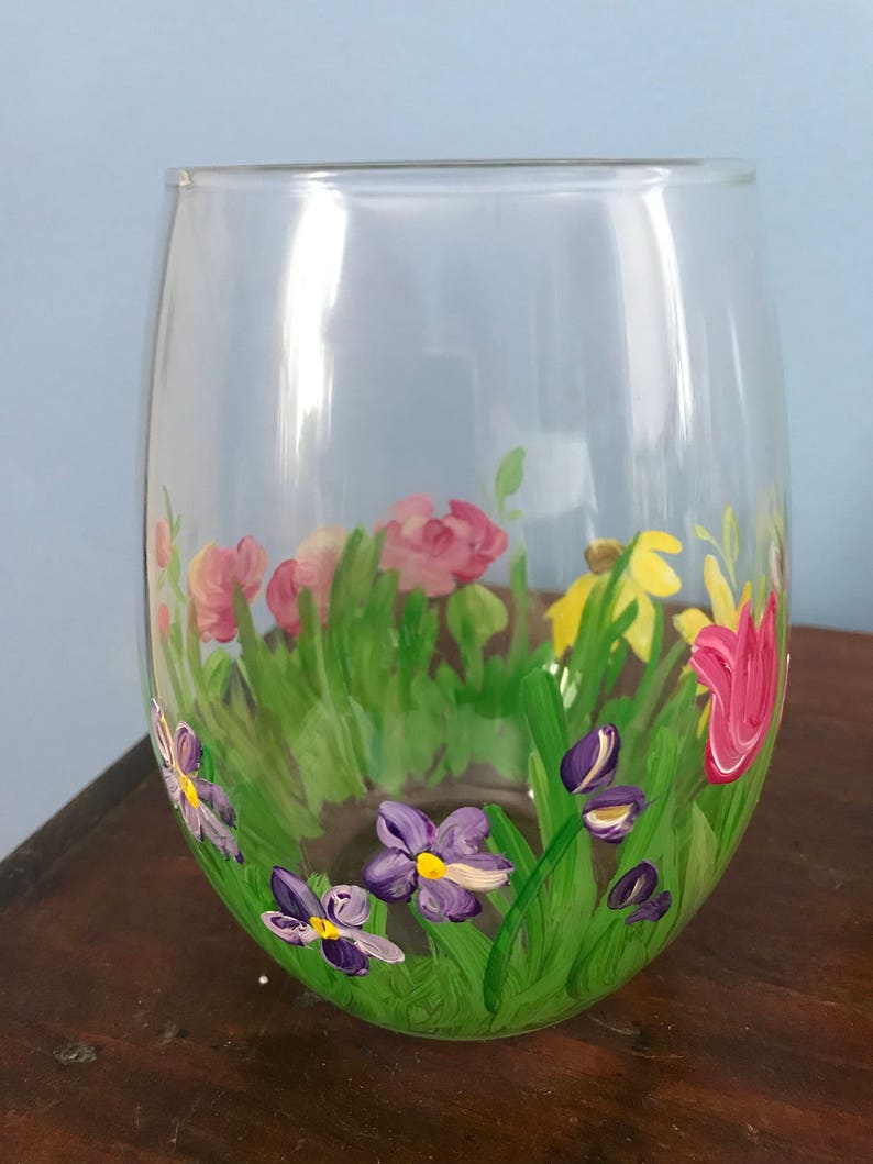 Hand Painted Flower Garden Wine Glass/ Water Goblet | Etsy