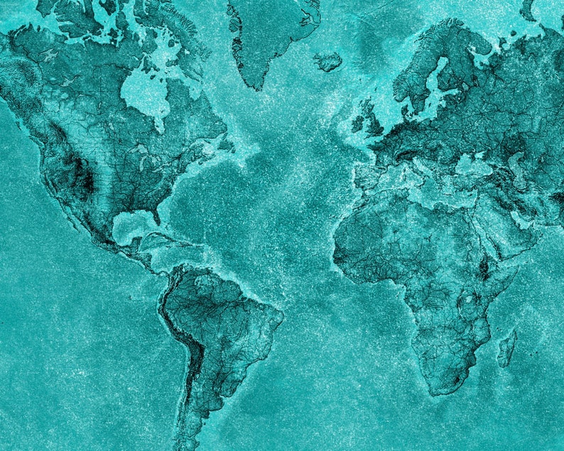 Turquoise World Map Canvas Turquoise Map Turquoise Pastel | Etsy