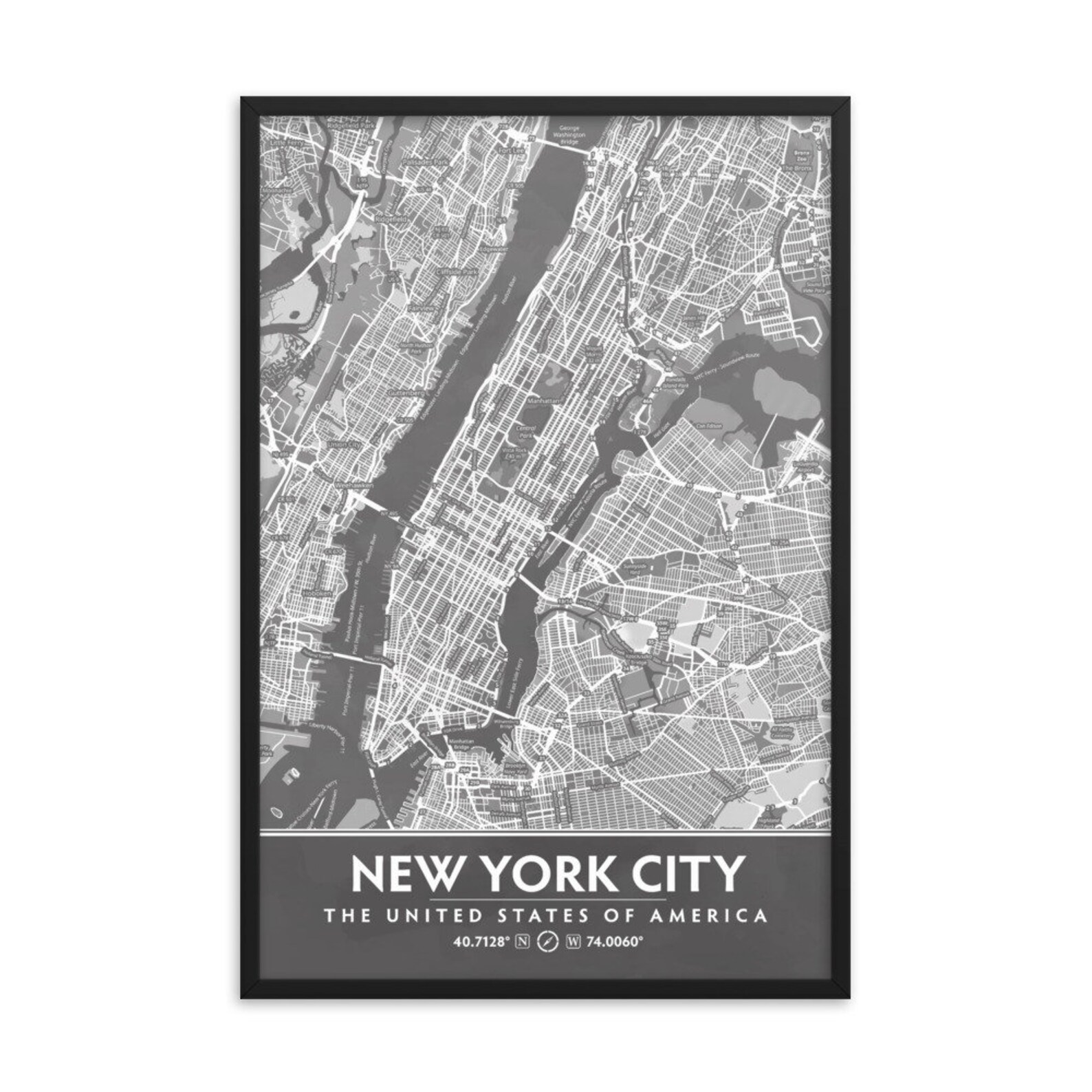 Dark Gray Color New York City Manhattan Map Manhattan Map New - Etsy