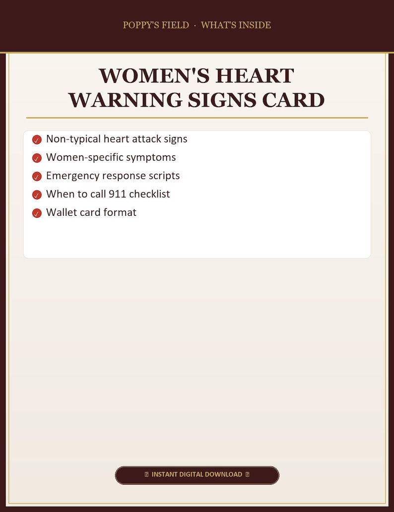 Women's Heart Attack Warning Signs Card Printable | Non-traditional ...