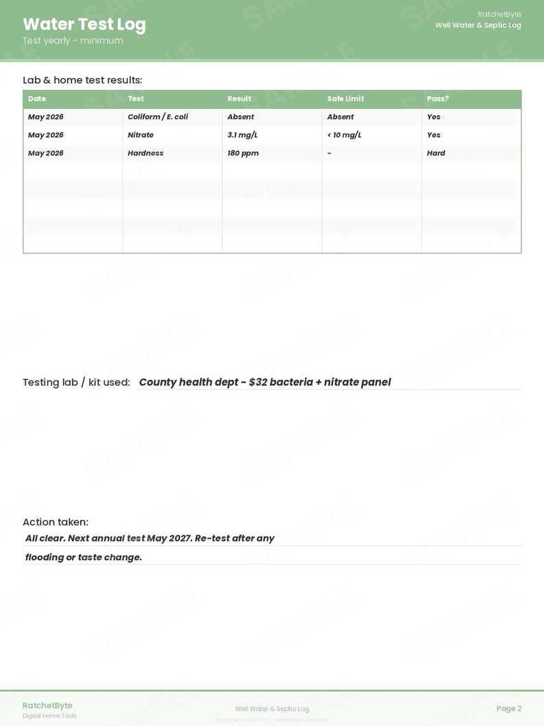 Well Water and Septic Log, Water Test Tracker, Home Maintenance ...