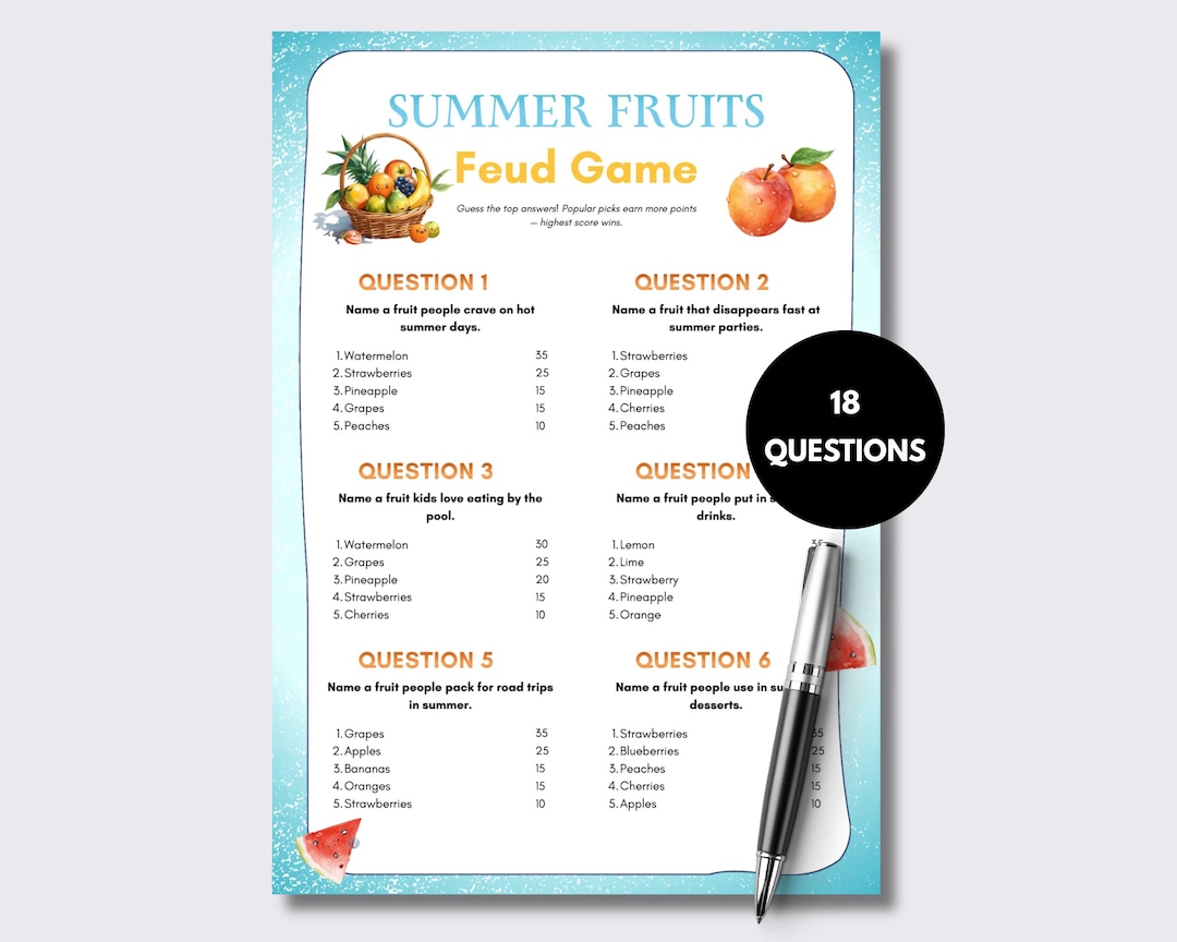 Summer Fruits Family Feud Game Printable | Summer Party Games | BBQ ...