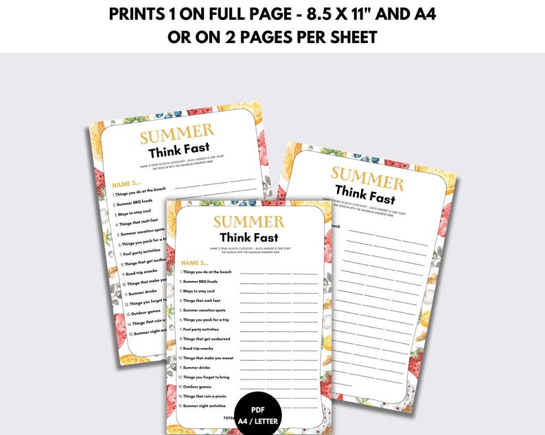 Summer Party Game Printable | Fun BBQ, Pool Party Activity | Think Fast ...